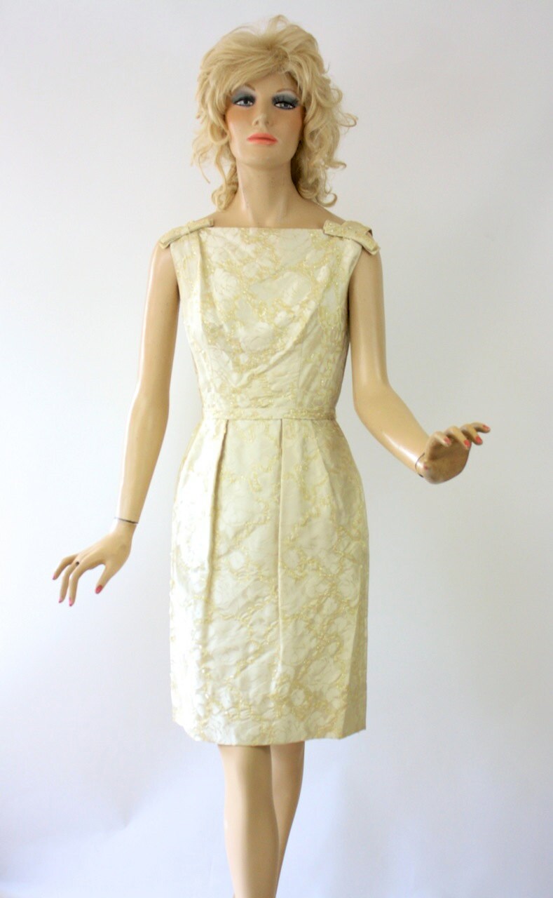 Vintage 60s Cocktail Dress Ivory Satin Brocade W Sequins Party