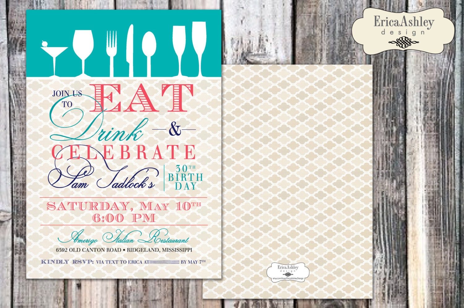 Eat Drink Celebrate Party Invitation 5 X 7 Digital File