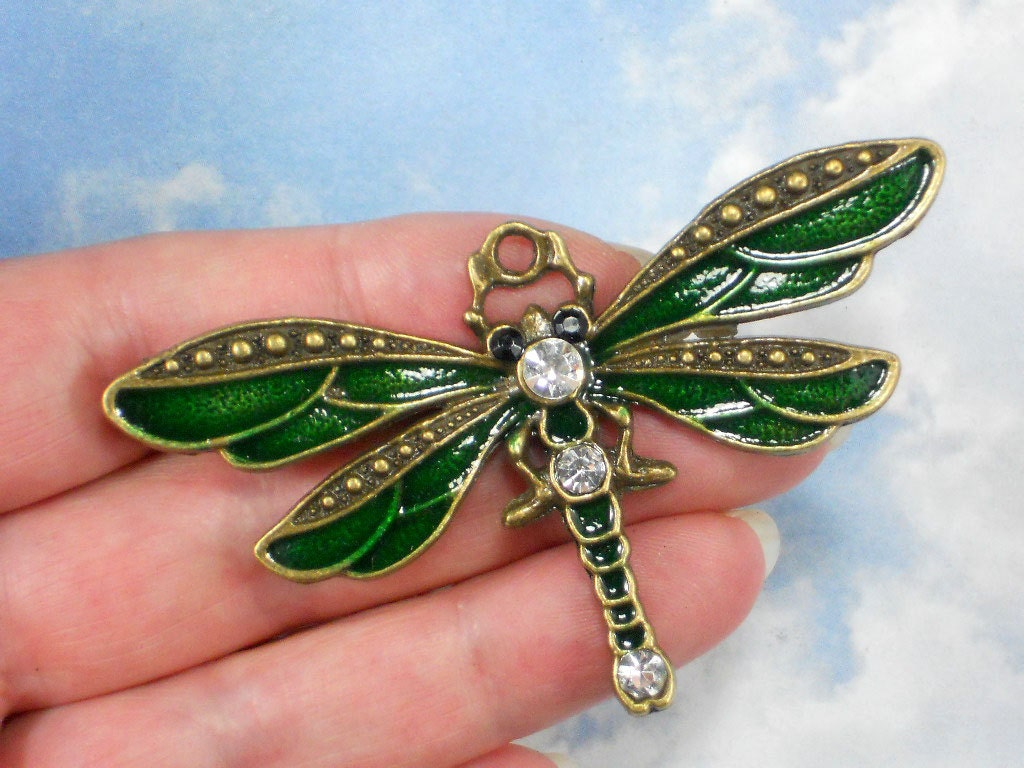 1 Large Bronze Dragonfly Pendant Green Enamel Rhinestones