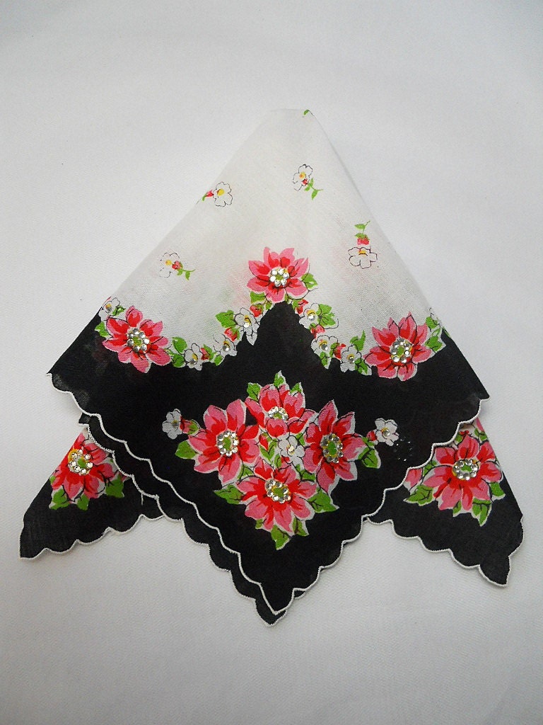 Vintage Bridal Handkerchief, pretty scalloped edge with pink and red ...