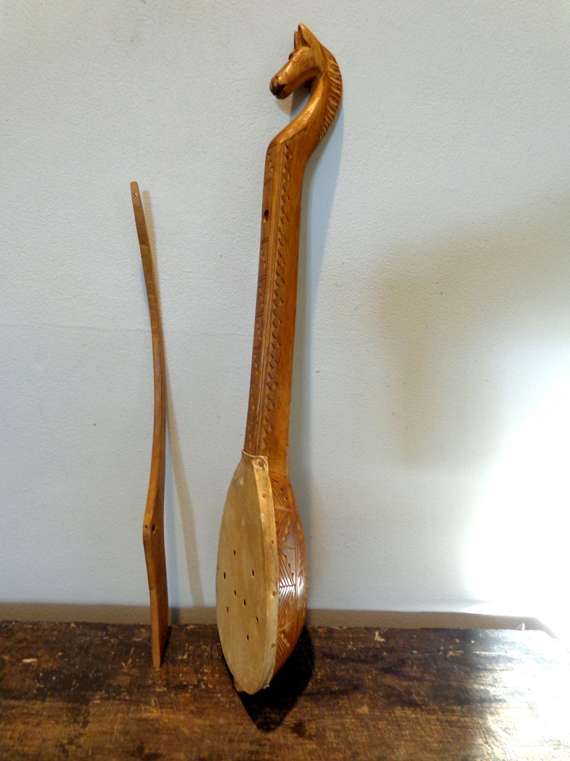 Vintage Horse Head GUSLE String Instrument Carved Horses Bow