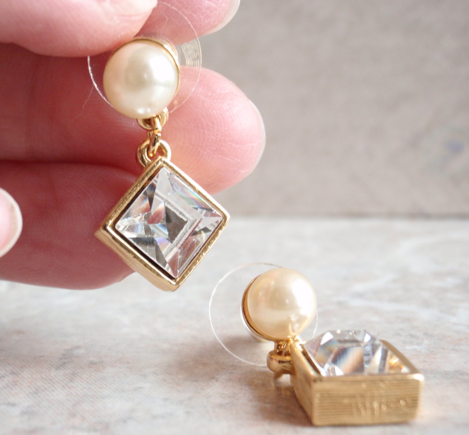 Square Rhinestone Pearl Dangle Earrings Gold Tone Posts Vintage ...