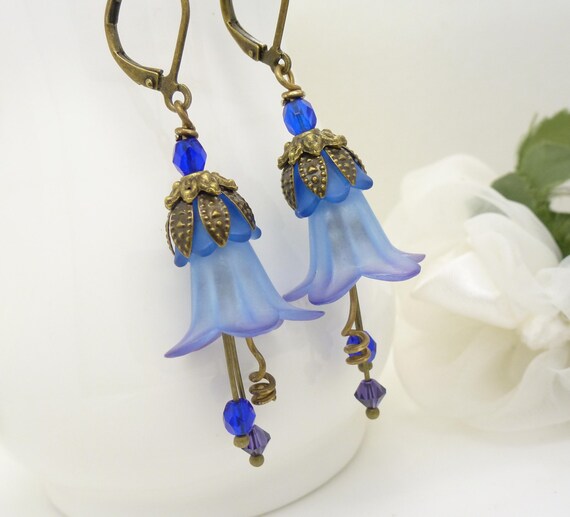 Cobalt Blue Lucite Flower Earrings Antique Bronze Bright