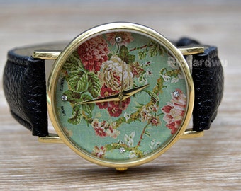 Floral Watch, Vintage Style Leather Watch, Women Watches, Unisex Watch ...