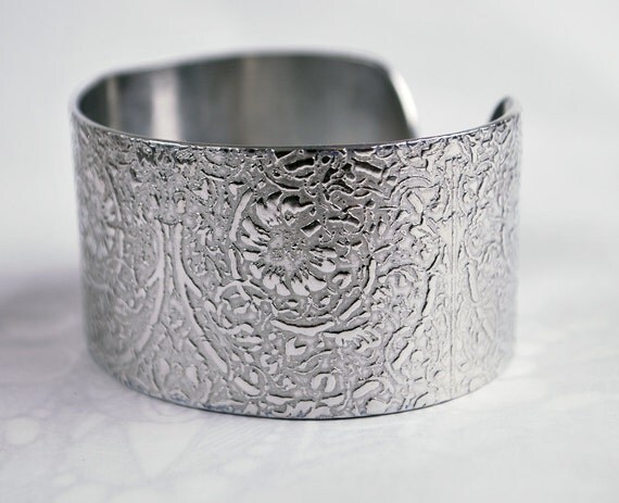 Embossed Silver aluminium cuff Floral spiral design embossed