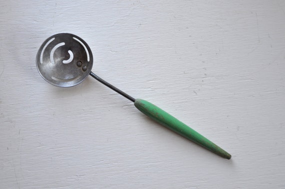 Vintage Slotted Spoon Green Wood Handled kitchen utensil