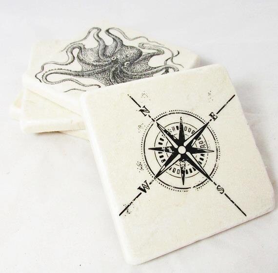 Nautical Anchor Octopus and Compass Coaster Set by nosweatcoasters