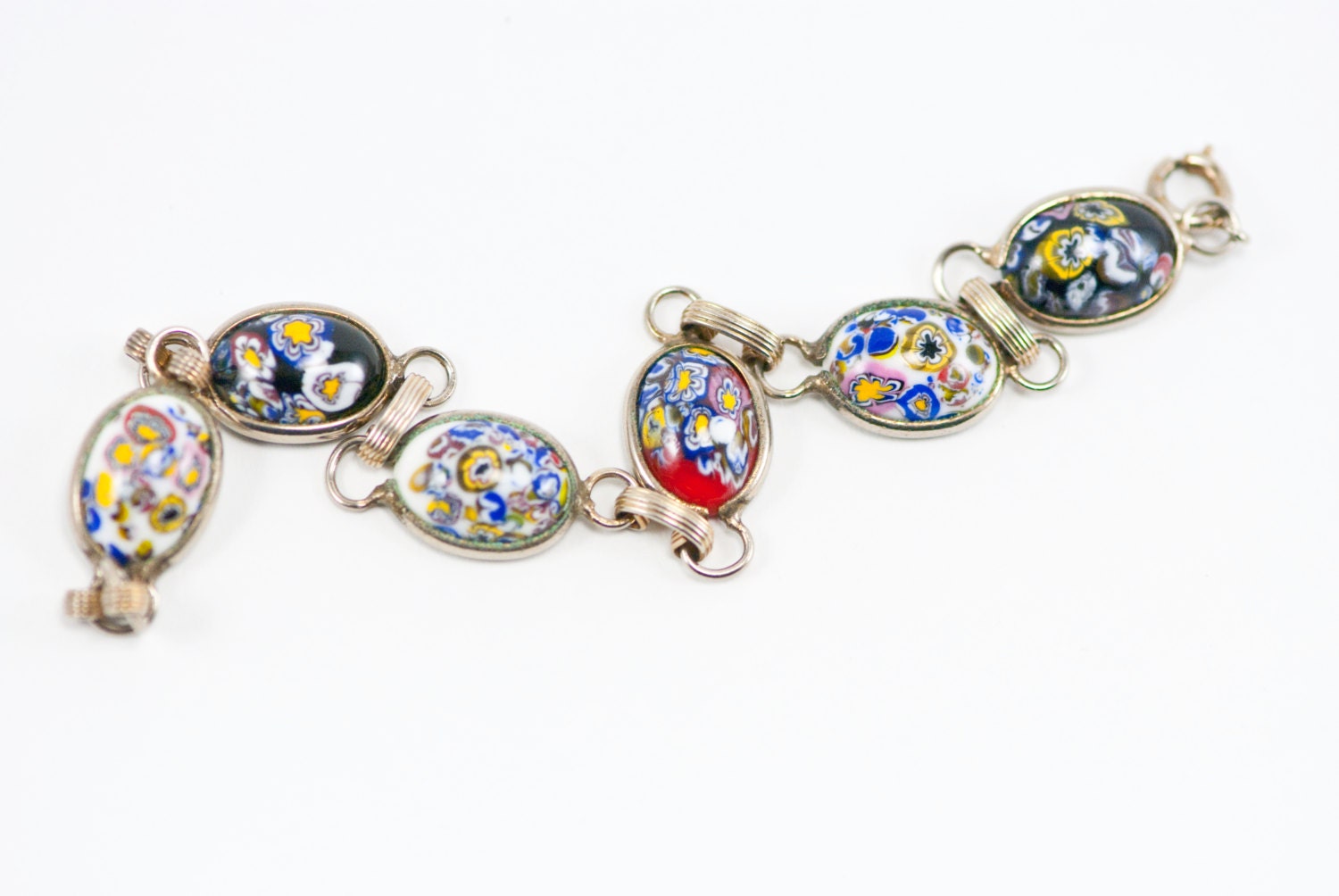 Hand Made Italian Venetian Murano Millefiori Art Glass Bracelet Silver ...
