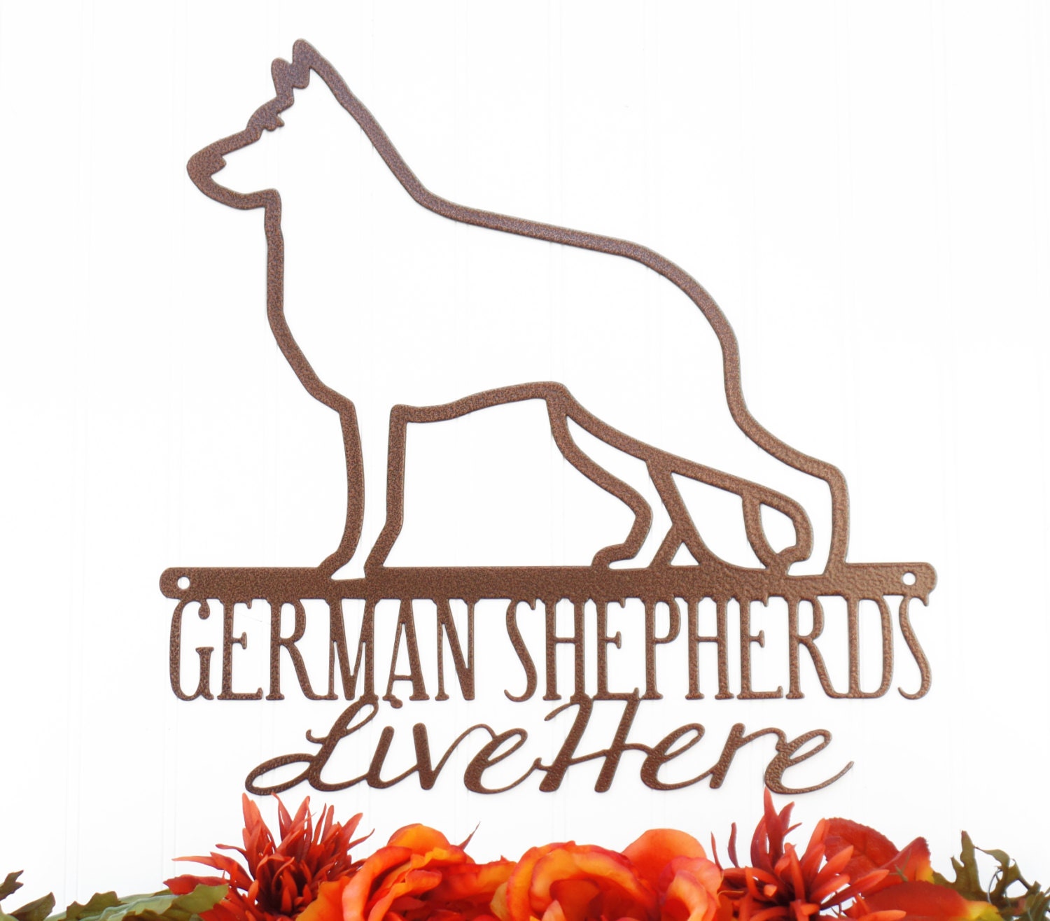 German Shepherds Live Here Metal Sign Copper 16x16 Dog