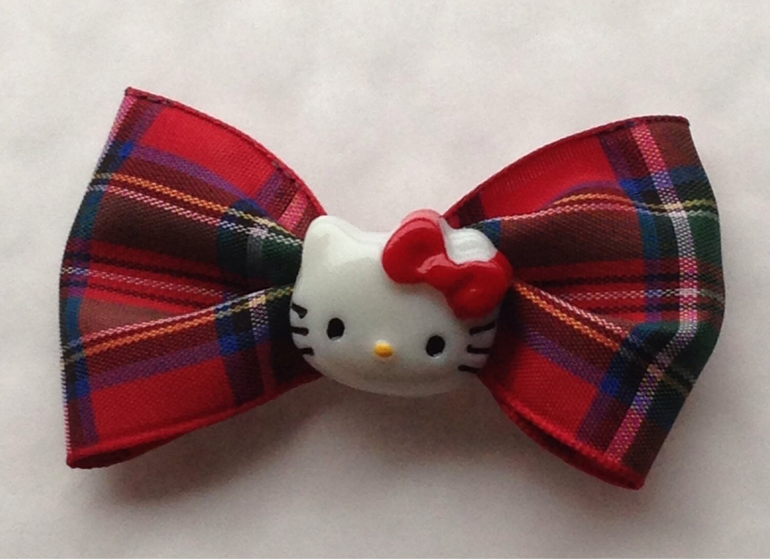 girls red tartan hello kitty bow hair clip by Thebuttonboxshop