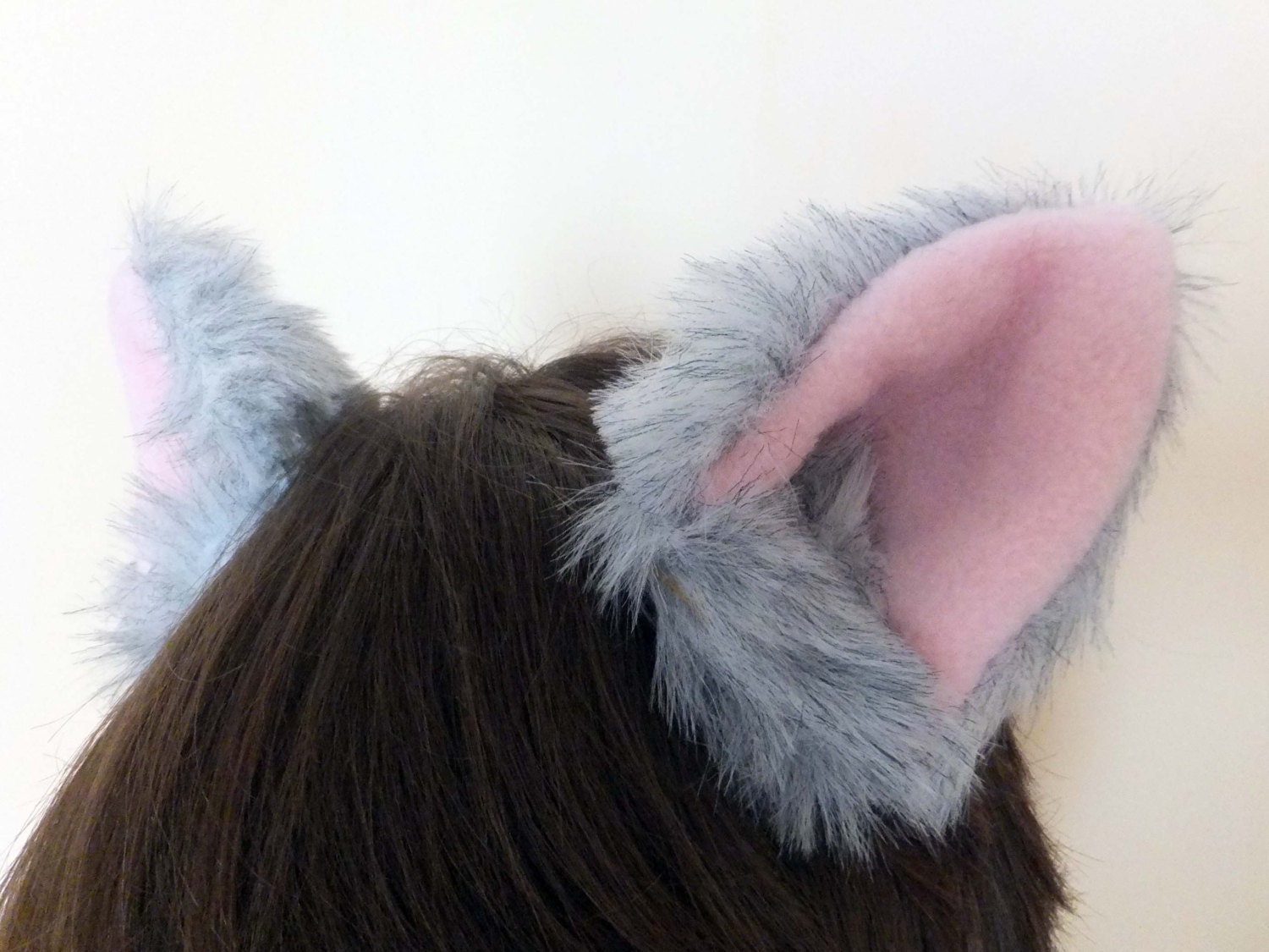 Long Light Grey Faux Fur Cosplay Furry Silver Cat Ears Hair