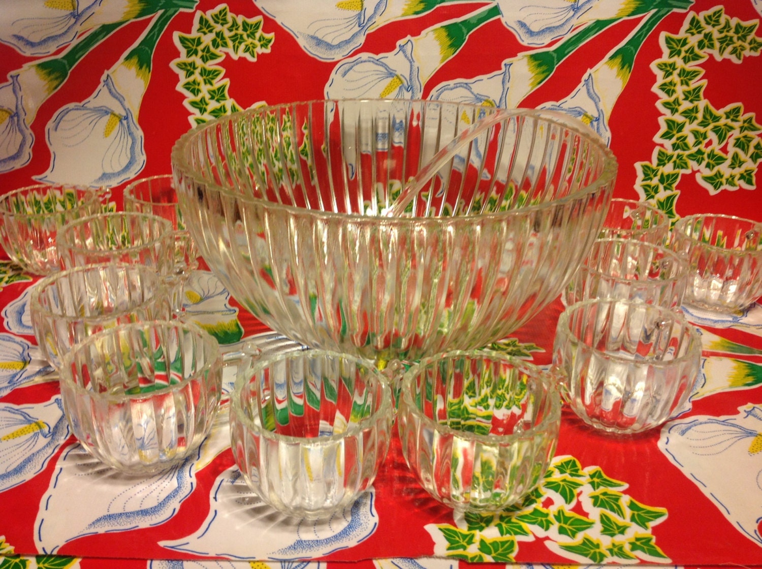 Vintage clear Jeanette Glass “National” pattern punch bowl set with 11 ...