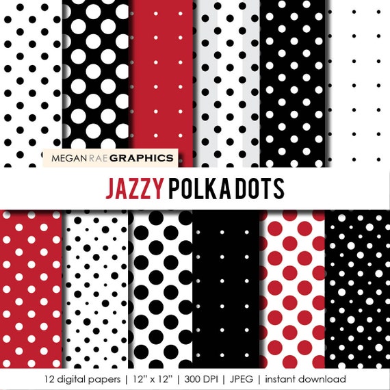 Digital Paper 12x12 JAZZY POLKA DOT red white & black