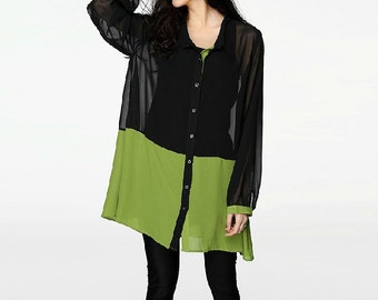 Fashion Women Black/Green Contrast Chiffon Dress Loose Fit Button Down ...