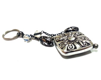 Multi-layer Acrylic Beaded Keychain; Silver and Black Keychain; Silver ...