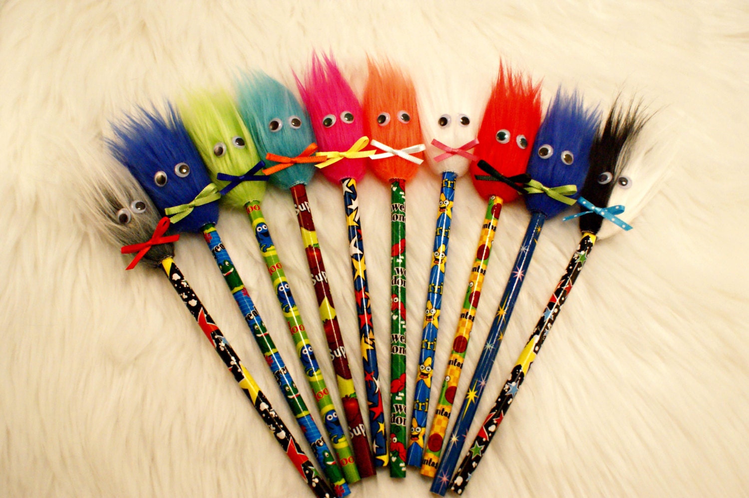 10 Birthday Party Favors Pencil Toppers Fun Fur Monster Fur