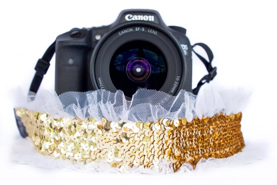 Sequin Camera Strap Gold with White Tulle by SamAndKateDesign