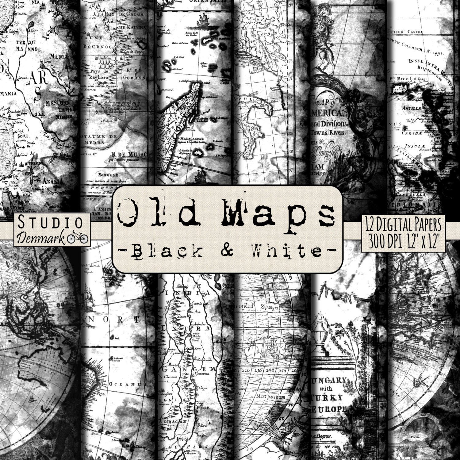 Old Maps Black & White Vintage Digital Paper – 12 Papers – 12inx12in ...