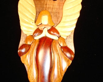 Hand Carved Wood Art Intarsia PRAYING ANGEL Puzzle Jewelry Trinket ...