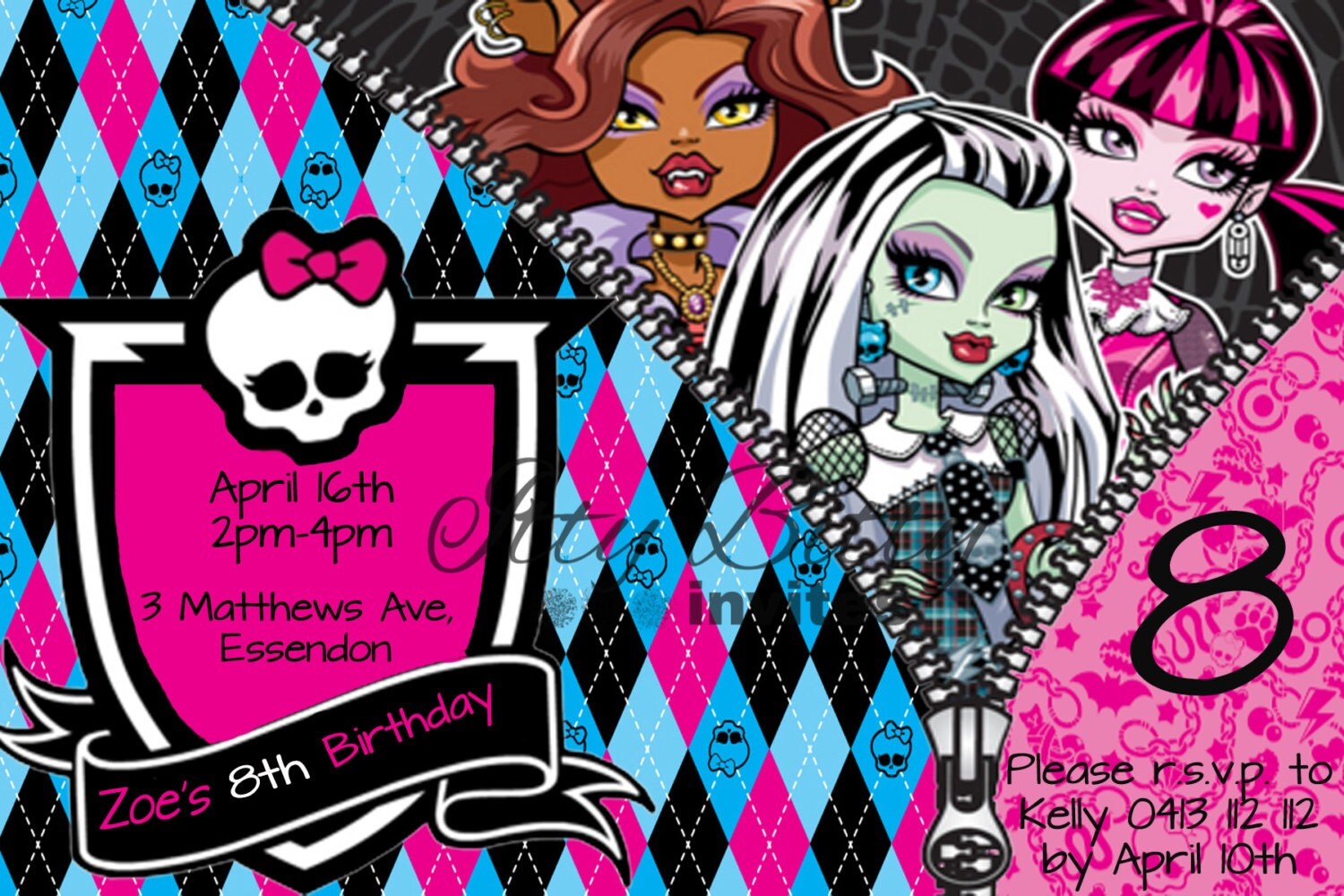 Monster High theme Birthday Invitation Personalised PRINTABLE