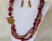 Items similar to Red and Gold Braided Necklace and Earrings on Etsy