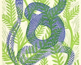 8 x 10 Linocut Print "Ecdysis III" - snake / serpent / shedding skin ...