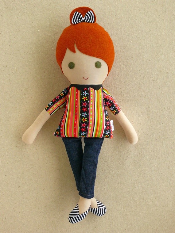Fabric Doll Rag Doll Red Haired Girl In Colorful By Rovingovine