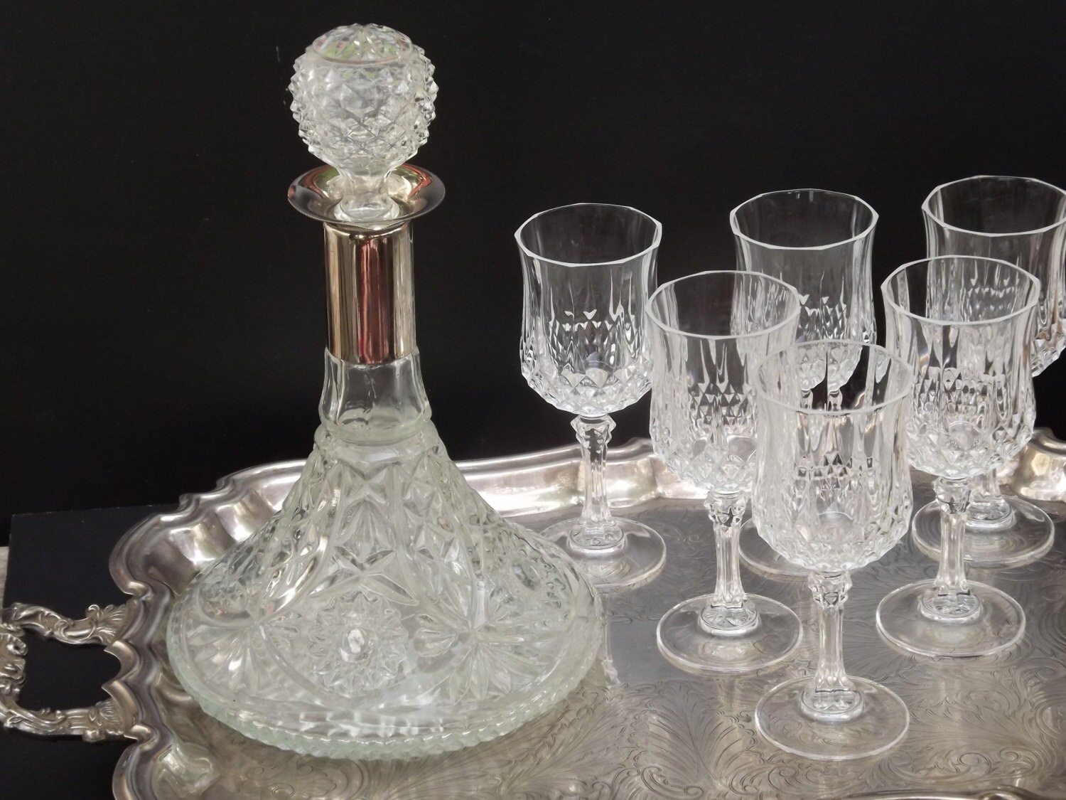 Vintage, Leonard Large Silverplate Tray with Decanter and Crystal ...