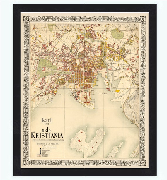 Old Map of Oslo Norway 1881 Antique Kristiania by OldCityPrints