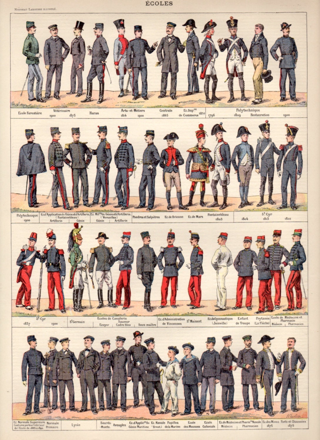 1897 School Uniforms Antique Print, Vintage Lithograph, Military ...