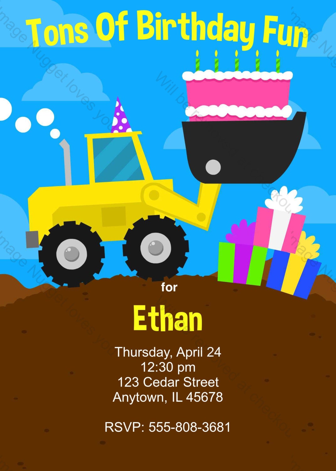 Bulldozer Birthday Party Invitation printable birthday
