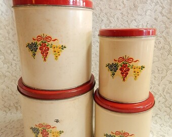 Vintage Canister Set red and cream with floral decals (set of 4)