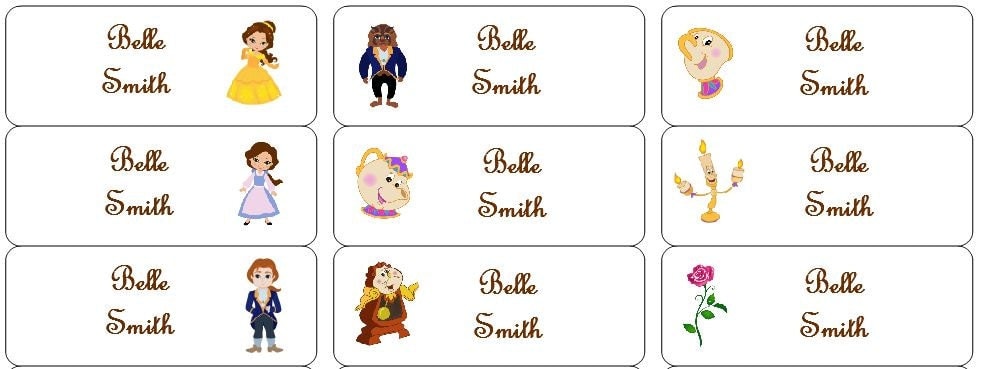 30 Personalized Waterproof Name Labels Disney Beauty and The