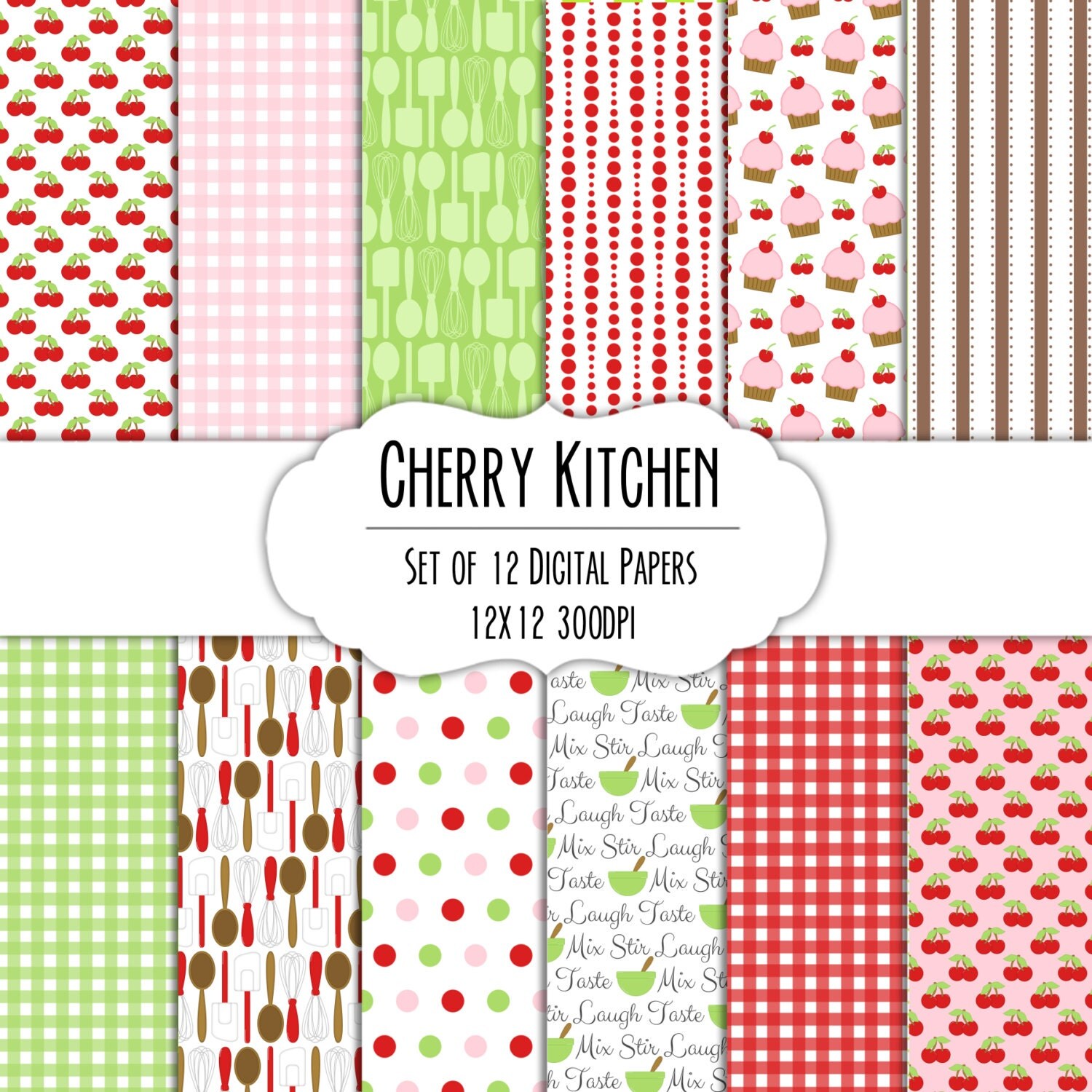 Cherry Kitchen Digital Scrapbook Paper 12x12 Pack Set of 12