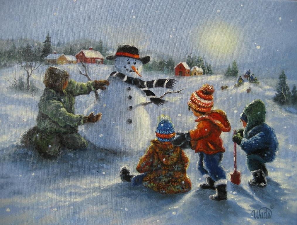 Snowman and Four Boys Art Print four brothers building snowman