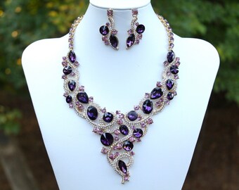 Purple Necklace, Purple Gold Bridal Jewelry Set, Vintage Style Bridal ...