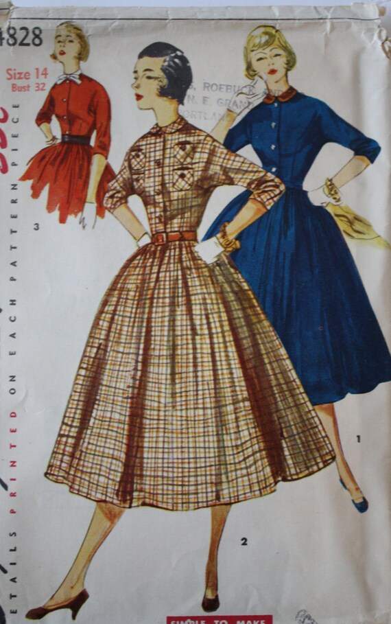 1950s Secretary Dress / Vintage Retro 50s Shirt Dress Nipped