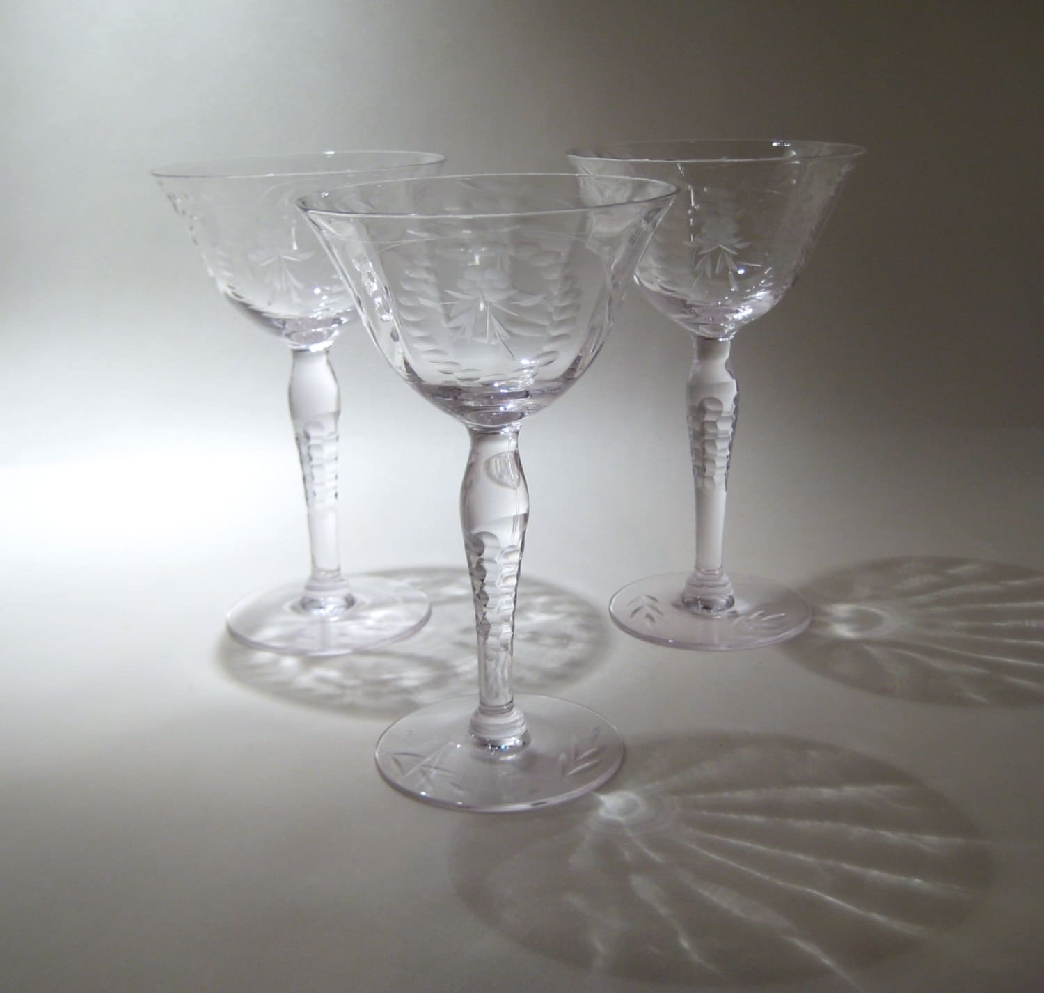 3 Vintage Cocktail Glasses Etched Crystal
