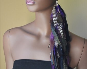 Very Long Grizzly and Black Feather Earrings by MarcieRoxx on Etsy