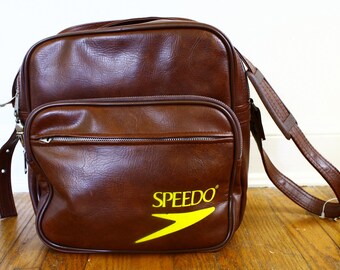 Speedo Vintage Gym Bag Faux Leather Dark Brown Vinyl Messenger