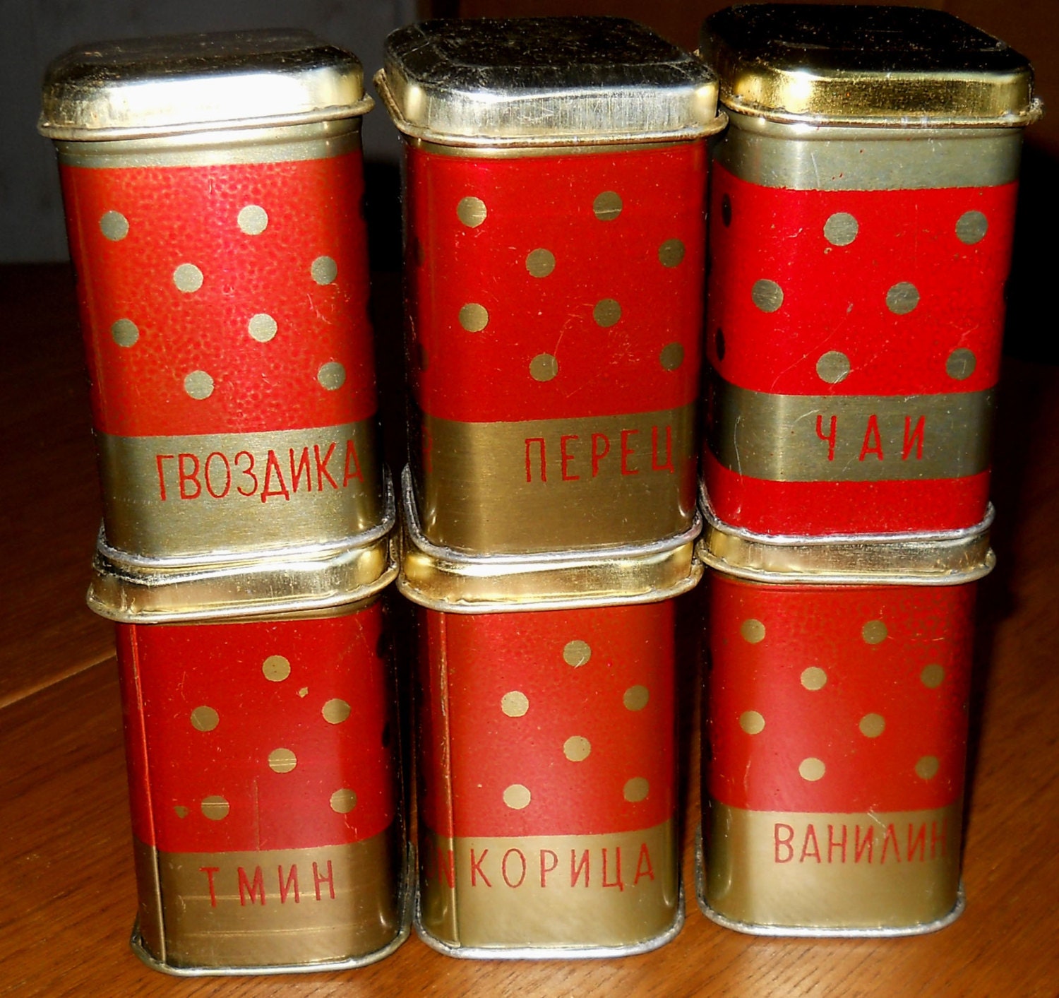 Vintage Soviet red polka dot tin boxes can containers set of 6 – Haute ...