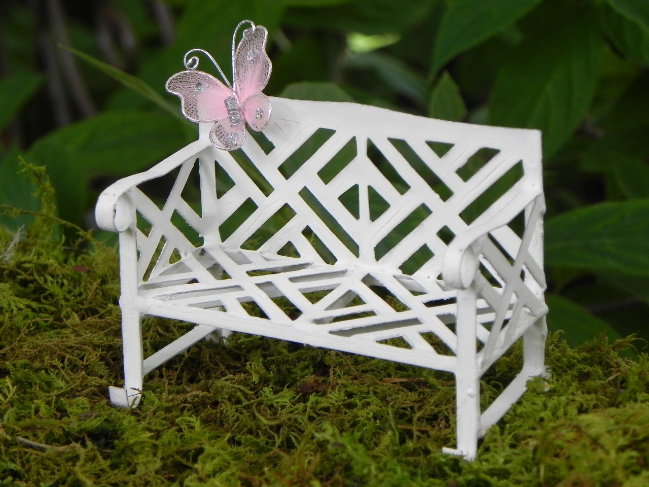 Fairy Garden Bench metal white miniature accessories with pink