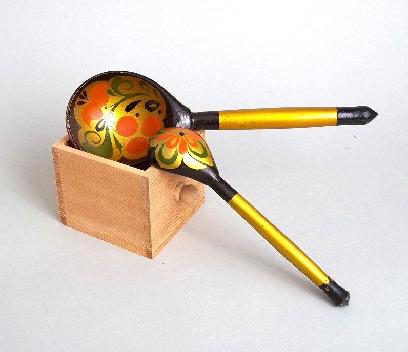 Vintage Hand Painted Russian Folk Style Wooden Spoons. Set of 2 ...