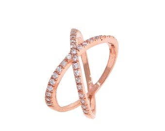 Gorgeous Rose Gold Plated Sterling Silver Cubic Zirconia Accented X Ring