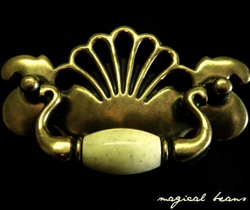 Vintage Solid Brass Clam Shell Hardware with Antique Ivory Ceramic Drop ...