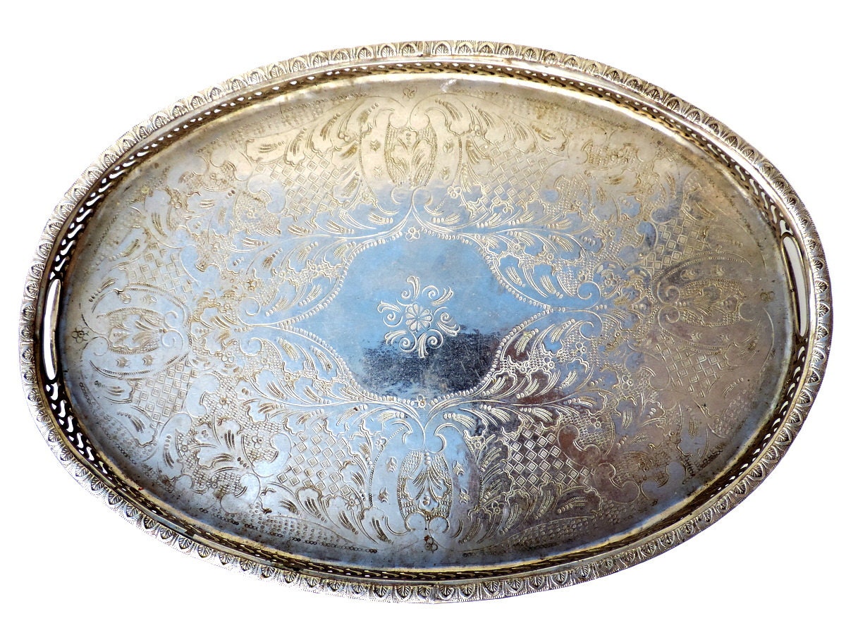Vintage Silver Metal Embossed Serving Tray With Handles/Moroccan Tray ...