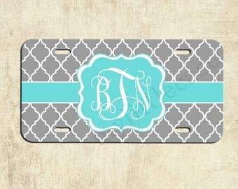 Monogram License Plate Teal Polka Dot Damask by mylittlecase