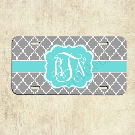 Monogram License Plate Grey Lattice Teal Blue License Plate