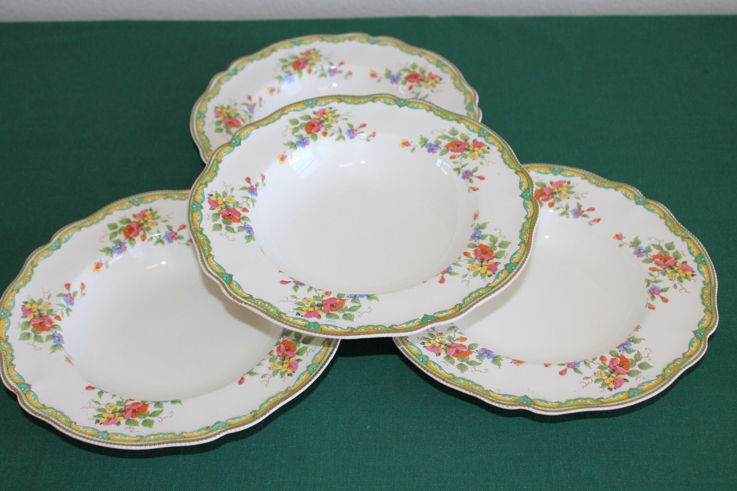 FOUR – Johnson Brothers England Soup Bowls – Lichfield Pattern – Green ...