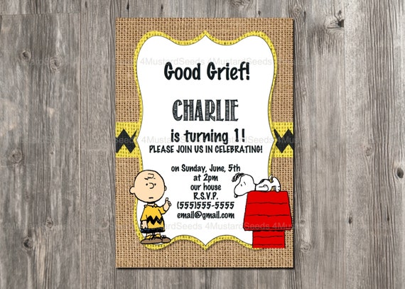 Charlie Brown Birthday Invitation Snoopy Rustic Burlap
